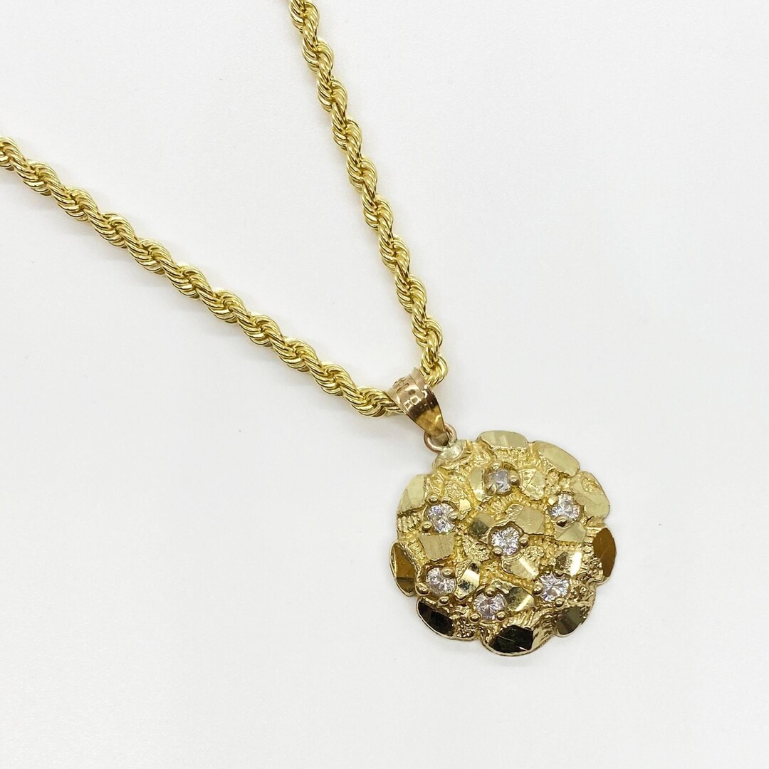 10k Solid Gold Nugget Circle Round CZ Charm Pendant Necklace for Boy ...
