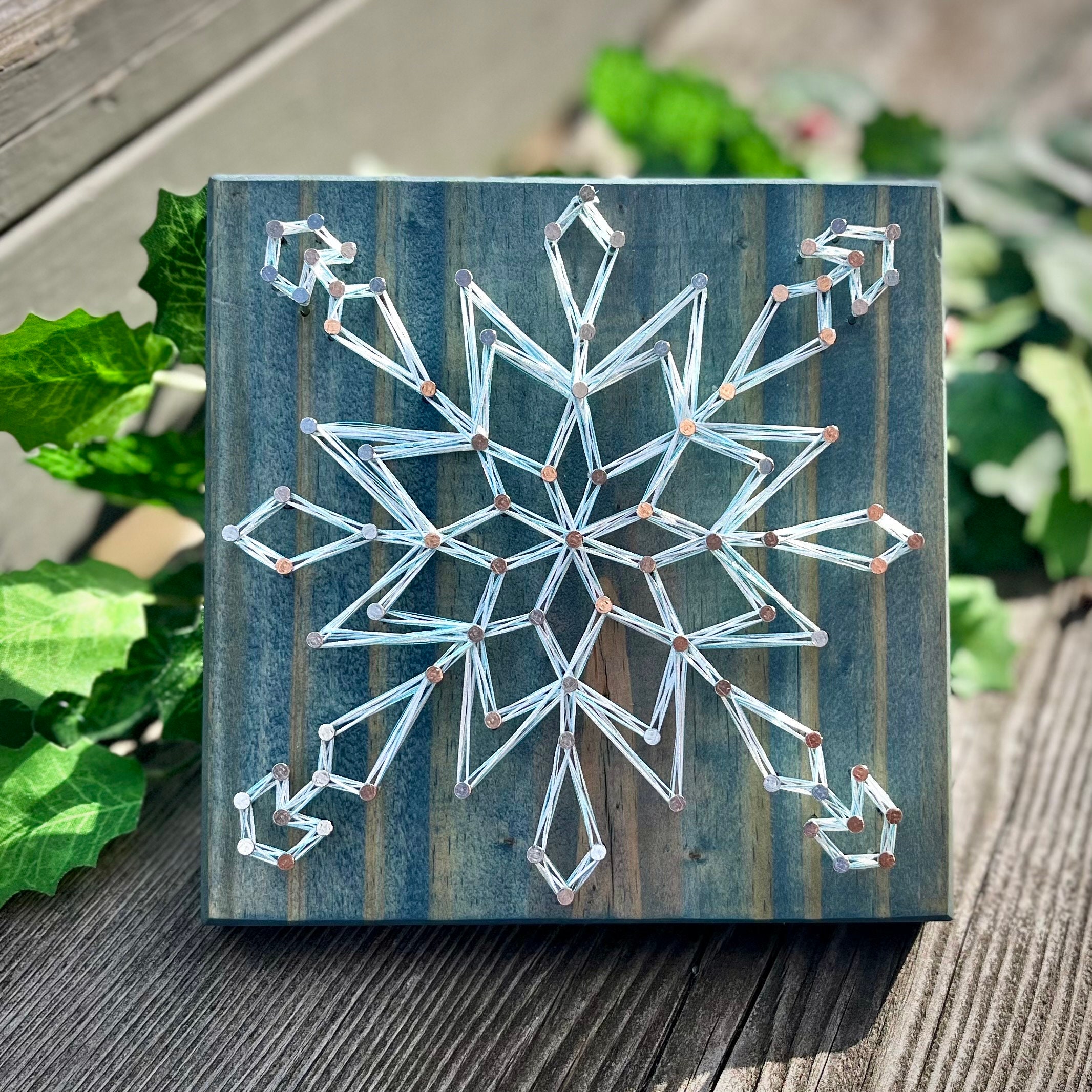 Snowflake String Art, Metallic Thread on Upcycled Wood Customizable ...