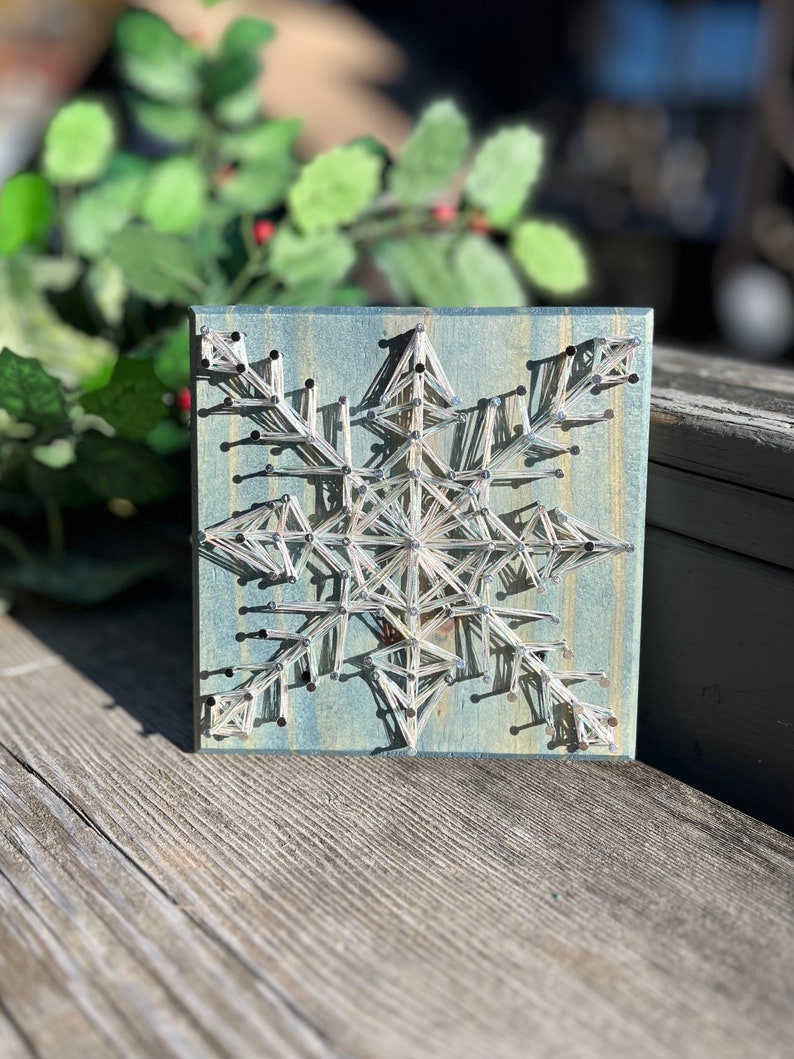 Snowflake String Art, Metallic Thread on Upcycled Wood Customizable ...