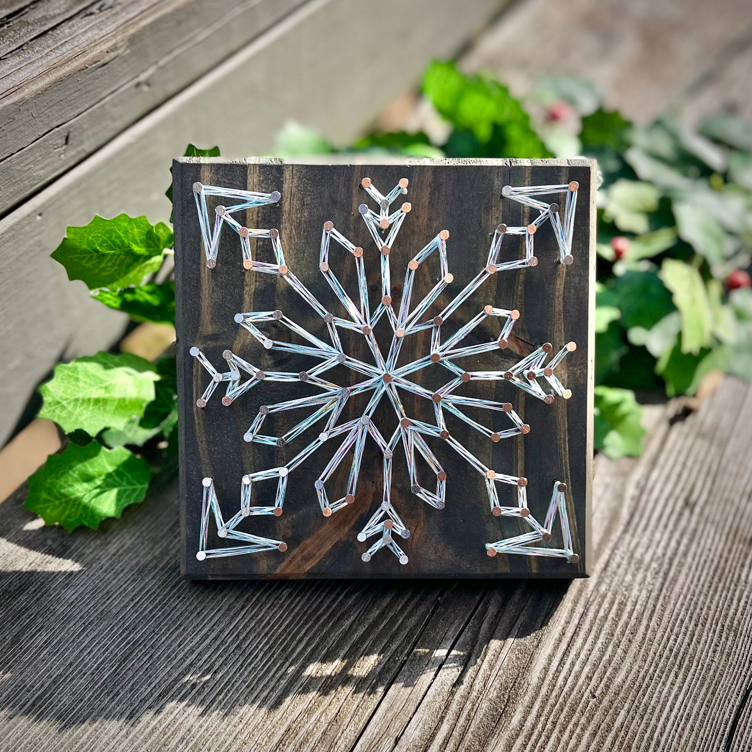 Snowflake String Art, Metallic Thread on Upcycled Wood Customizable ...