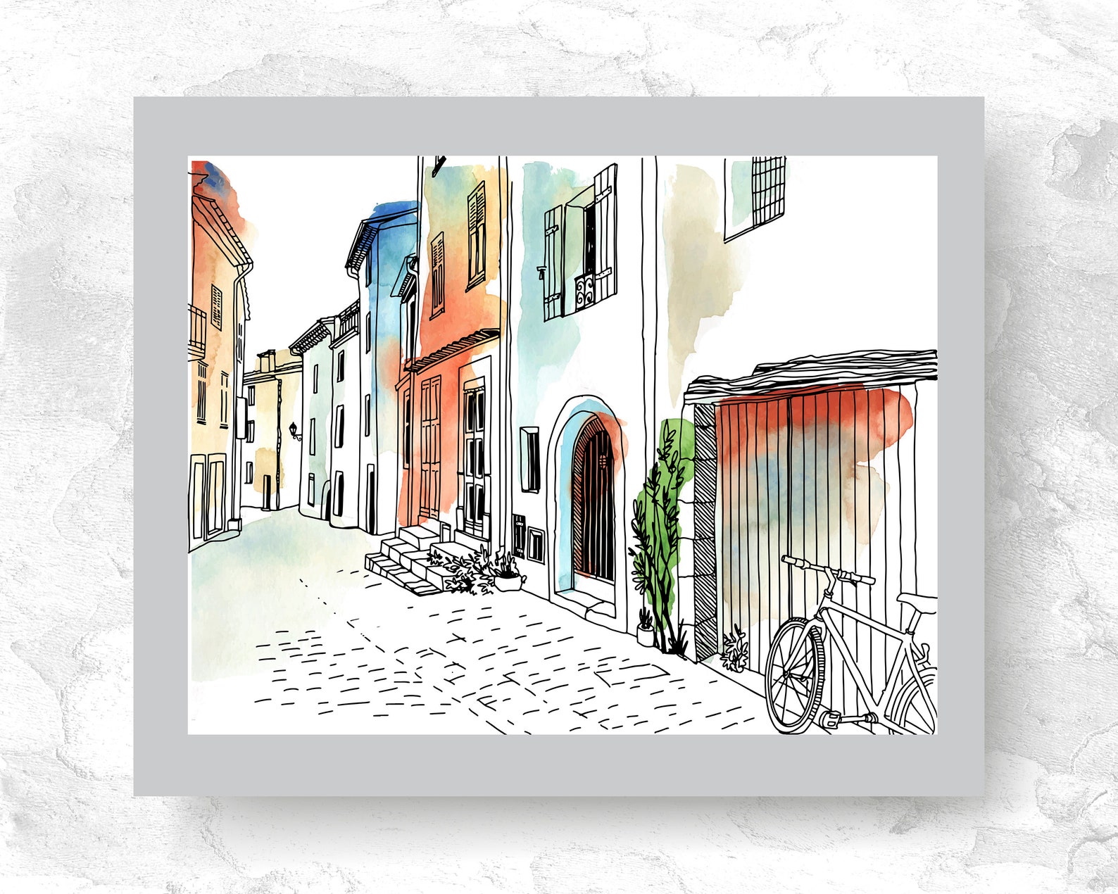 Provence Wall Art. Colorful Urban Sketch Watercolour. Hand Drawn Line ...