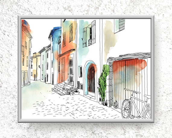 Provence Wall Art. Colorful Urban sketch watercolour. Hand | Etsy