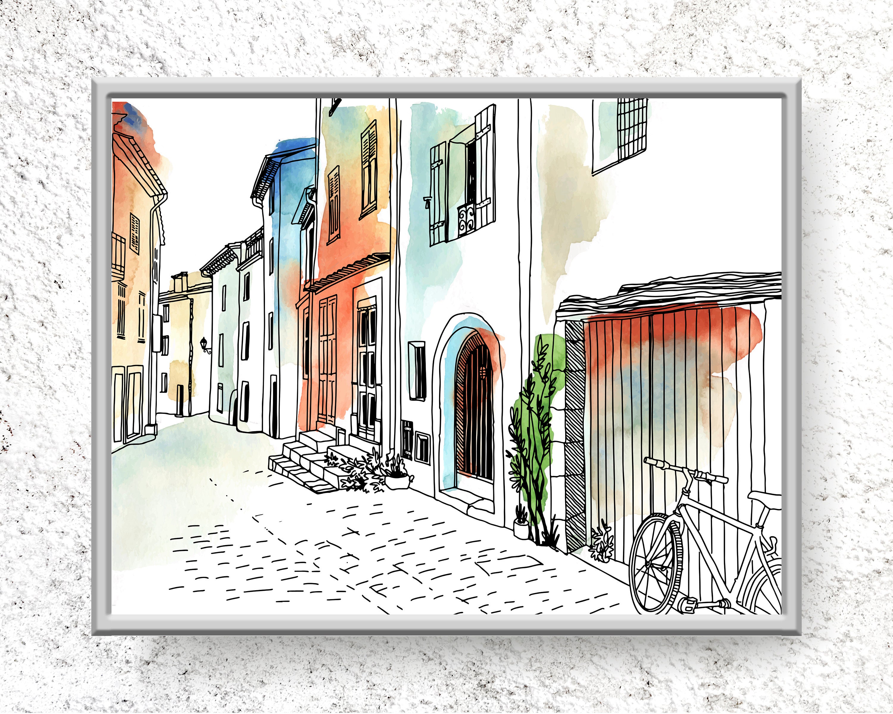 Provence Wall Art. Colorful Urban Sketch Watercolour. Hand Drawn Line ...