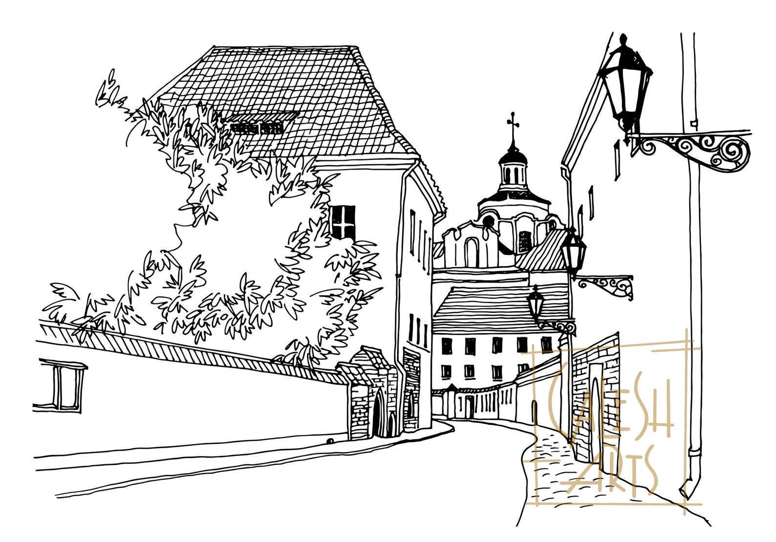 Wall Art. Printable Urban Sketch. Vilnius. Lithuania. Hand Drawn Style ...