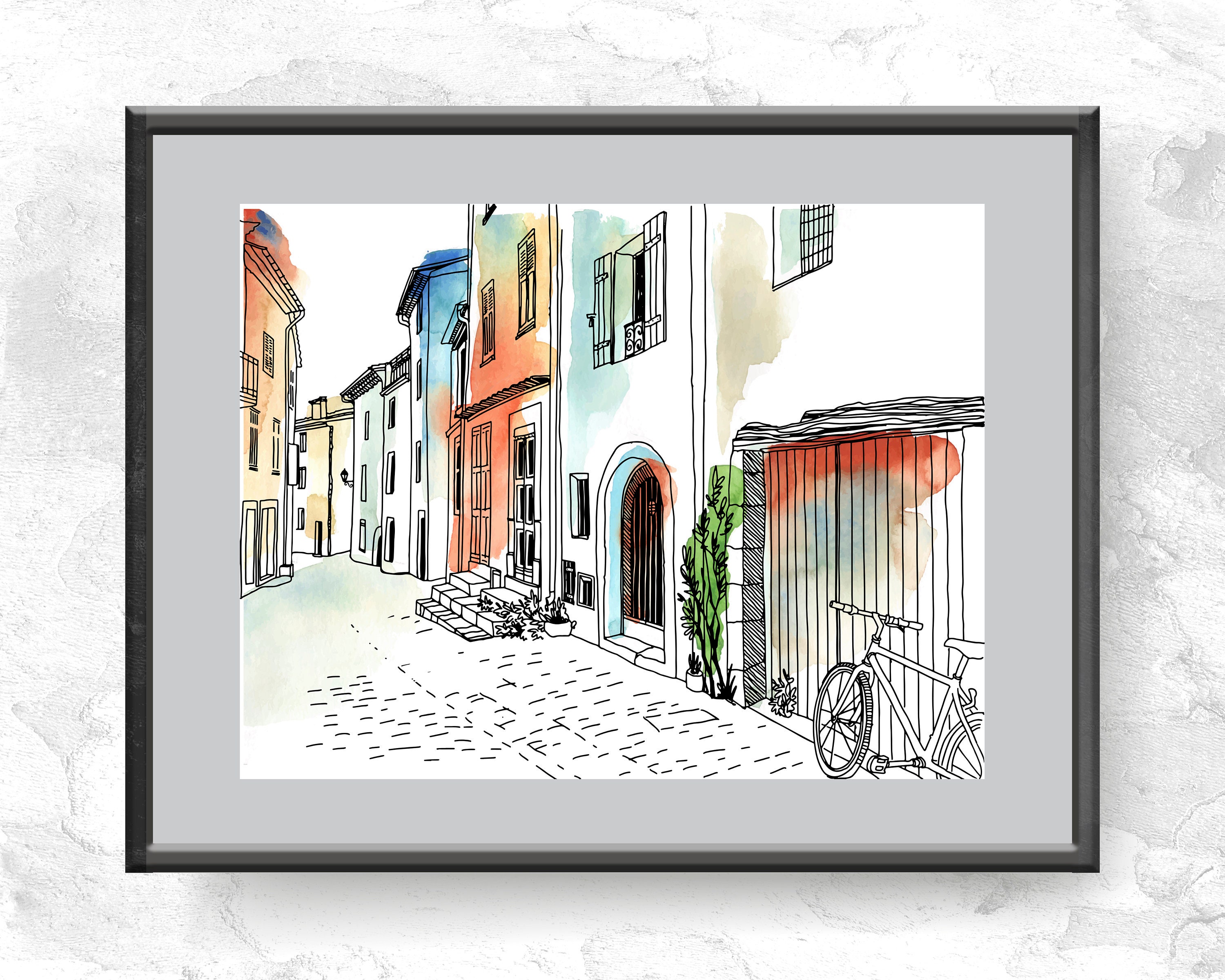 Provence Wall Art. Colorful Urban Sketch Watercolour. Hand Drawn Line ...