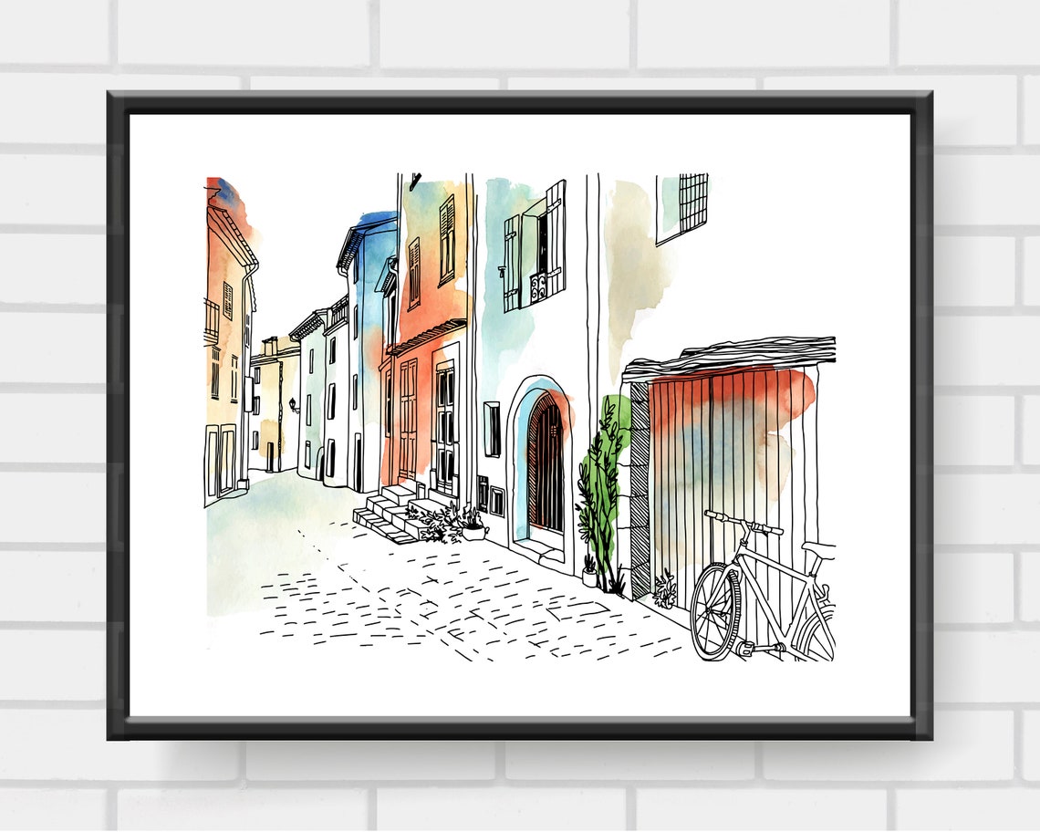 Provence Wall Art. Colorful Urban Sketch Watercolour. Hand Drawn Line ...