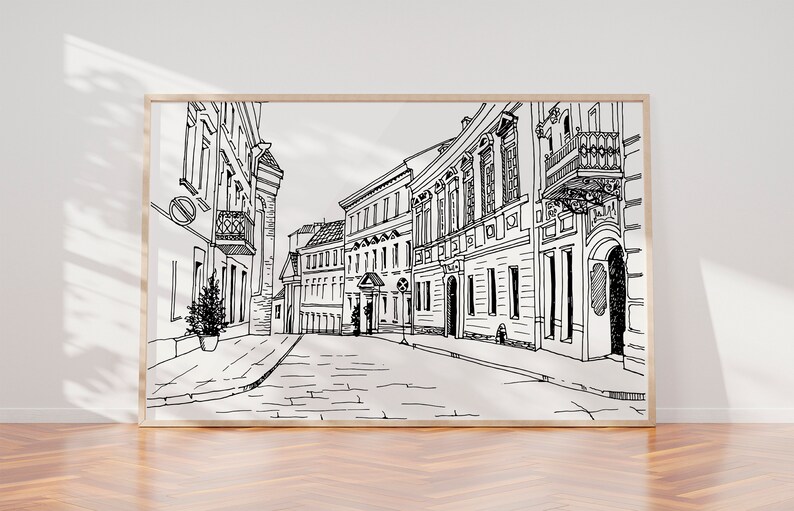Wall Art. Printable Urban Sketch. Vilnius. Lithuania. Hand Drawn Style ...
