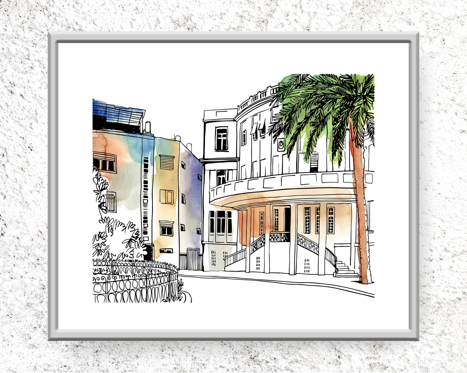 Tel Aviv Wall Art. Printable Urban Sketch Watercolor. Hand Drawn Style ...
