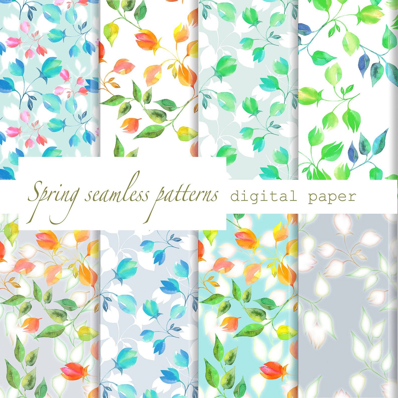 Spring Flowers Digital Paper Pack. Printable Floral Seamless Pattern ...
