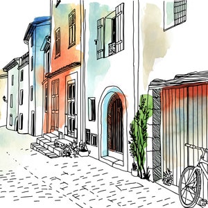 Provence Wall Art. Colorful Urban Sketch Watercolour. Hand Drawn Line ...