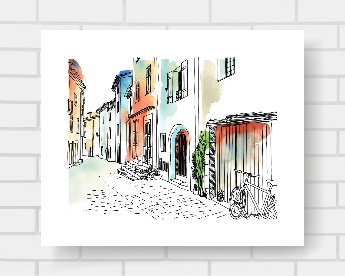 Provence Wall Art. Colorful Urban Sketch Watercolour. Hand Drawn Line ...