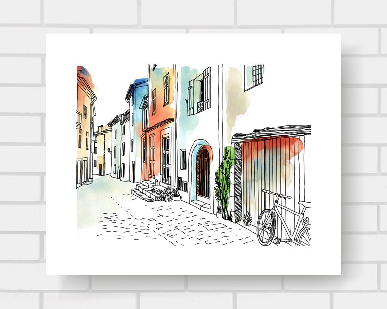 Provence Wall Art. Colorful Urban Sketch Watercolour. Hand Drawn Line ...
