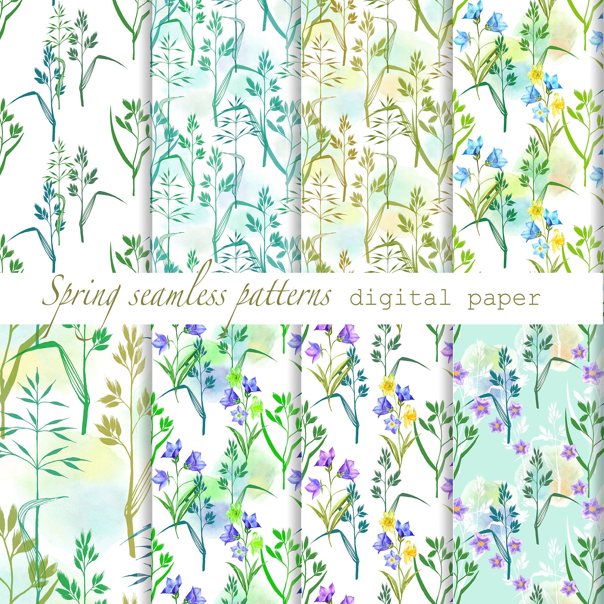 Spring Flowers Digital Paper Pack. Printable Floral Seamless Pattern ...