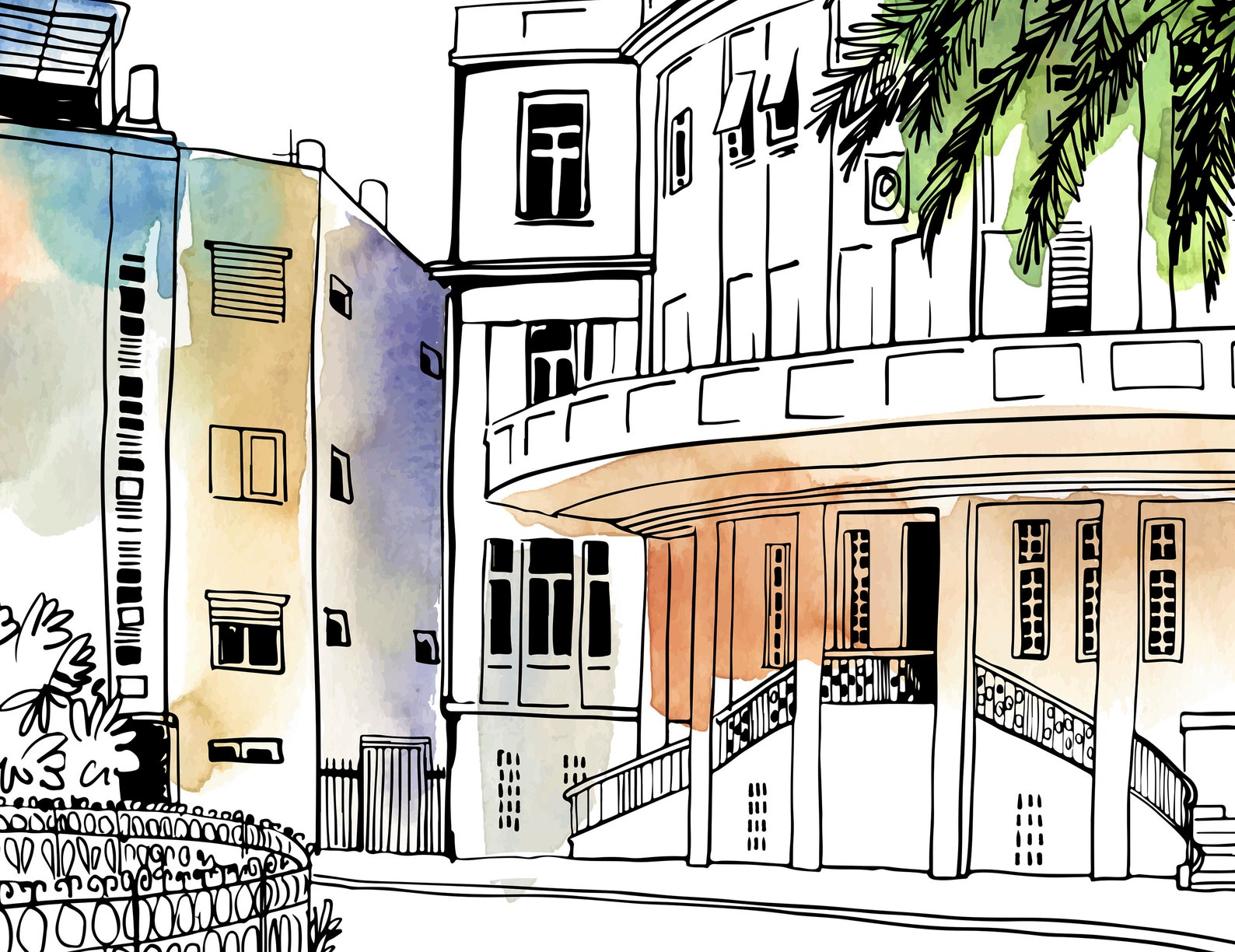 Tel Aviv Wall Art. Printable Urban Sketch Watercolor. Hand Drawn Style ...