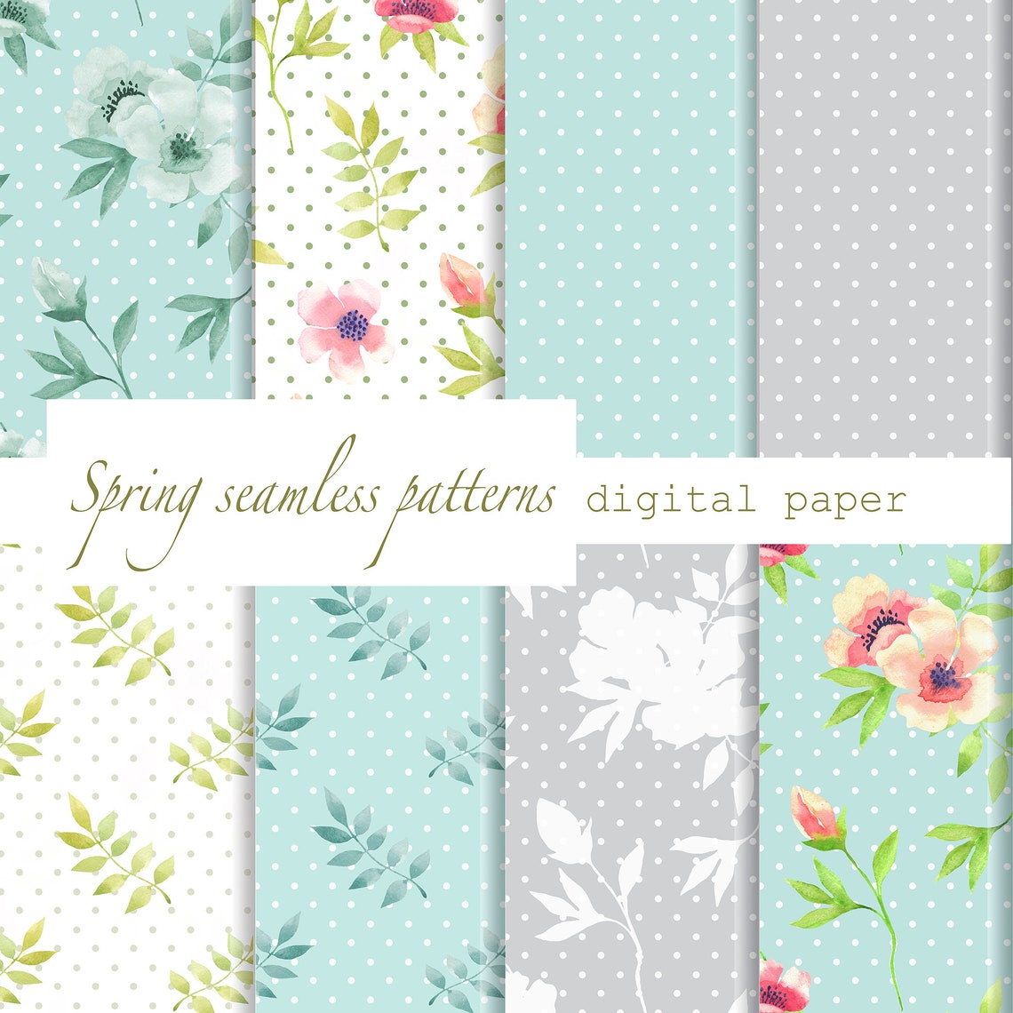 Spring Flowers Digital Paper Pack. Printable Floral Seamless Pattern ...