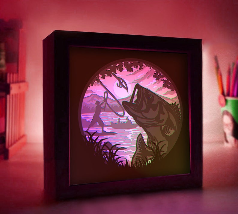 Fishing Shadow Box Template: 3D Paper Cut Light Box SVG (digital ...