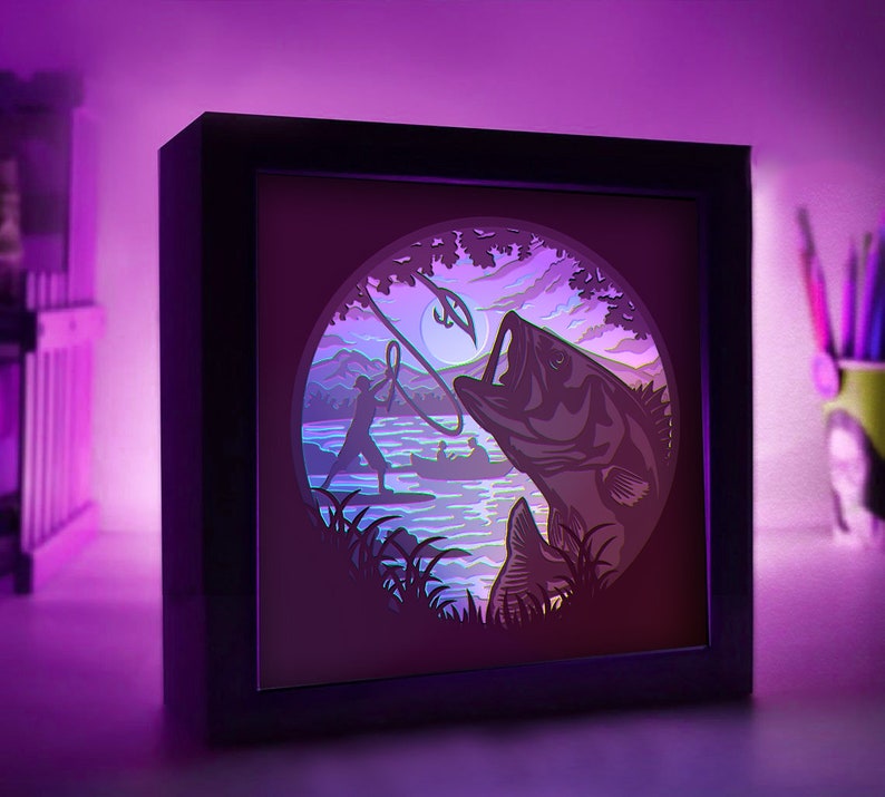 Fishing Shadow Box SVG: Fisherman 3D Paper Cut Light Box (digital ...