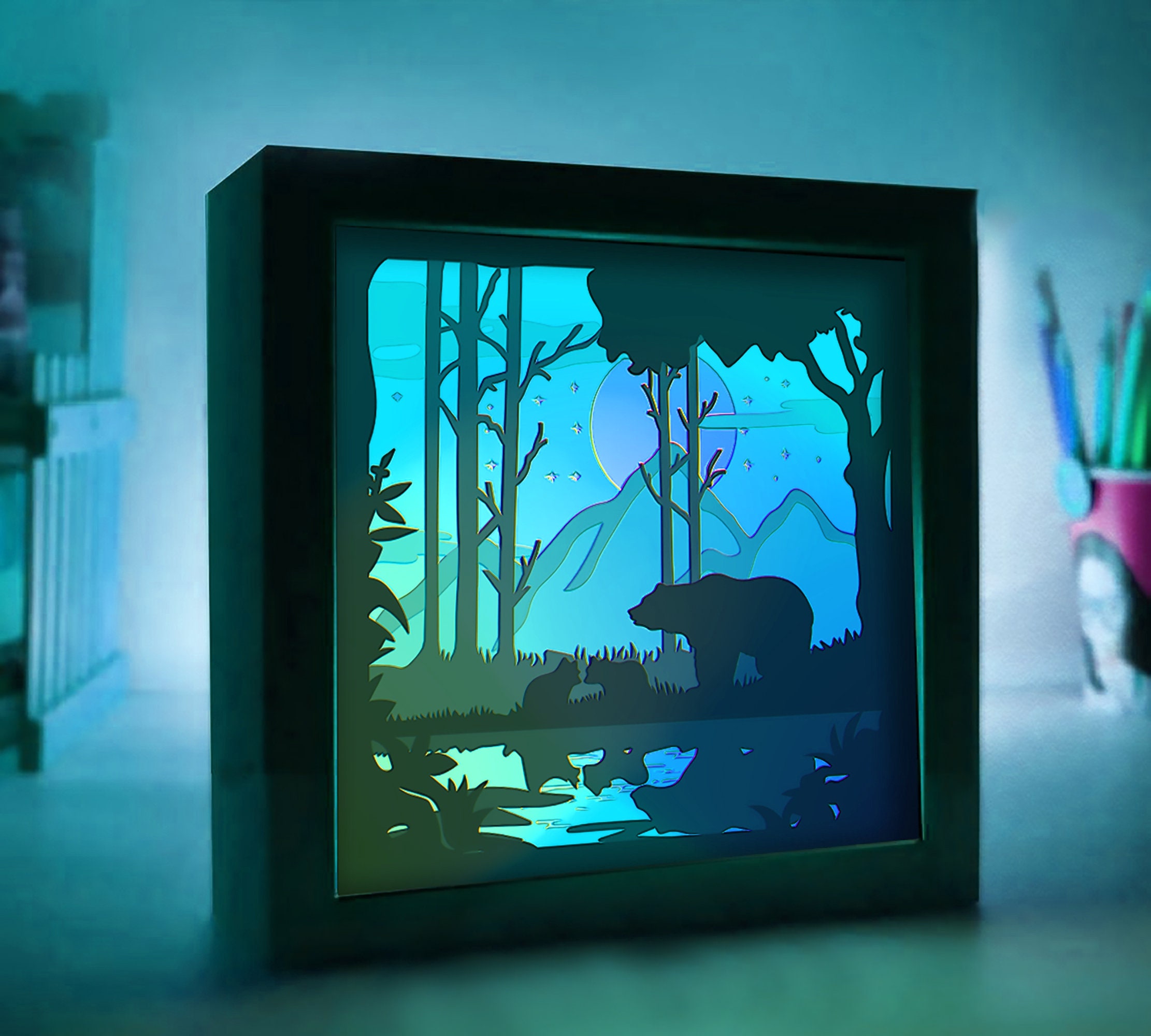 Bear Family Forest Light Box Template: Paper Cut Shadow Box (SVG, PDF ...
