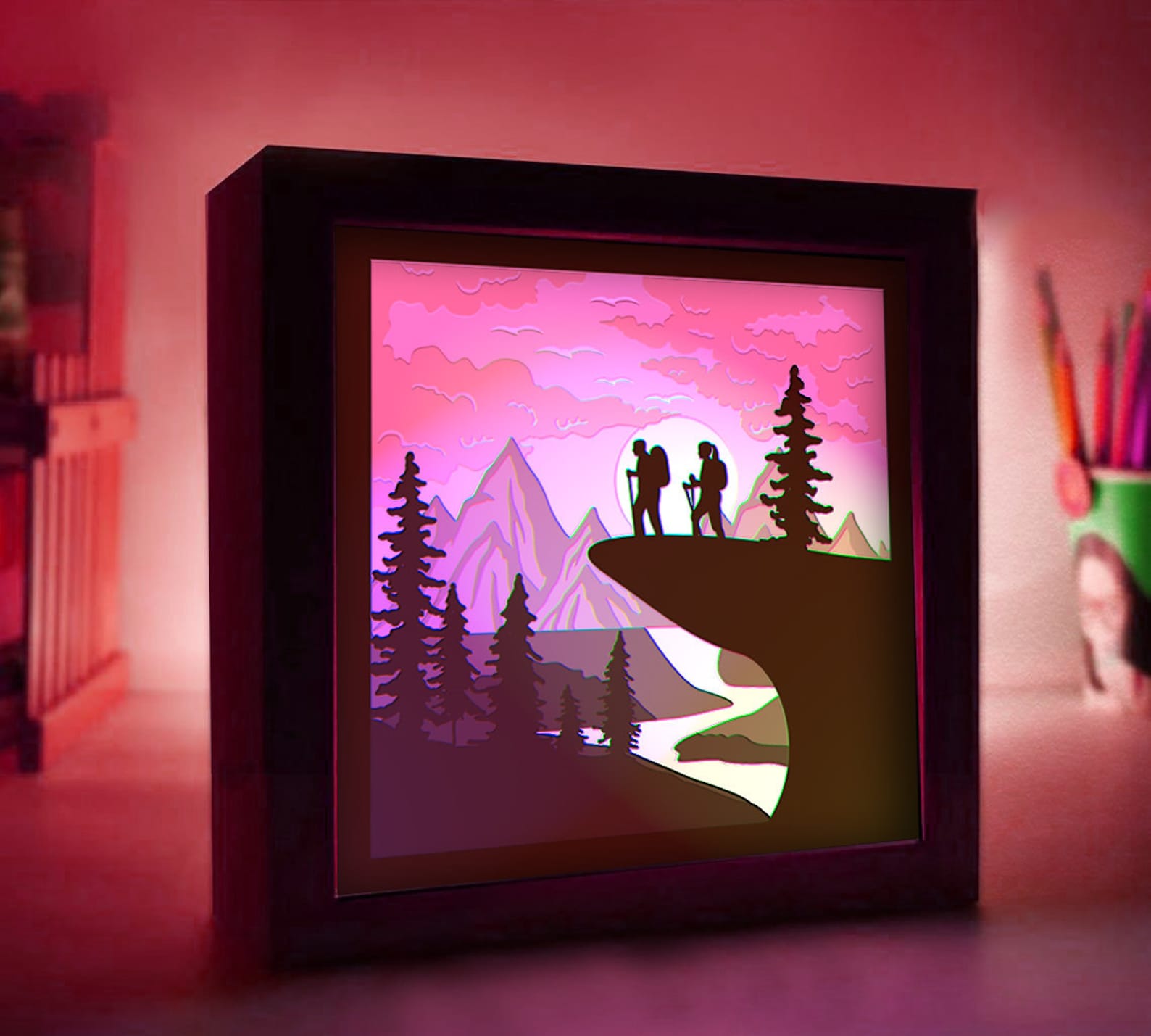 Hiking Couple Shadow Box Template: Mountain Forest Scene SVG (digital ...