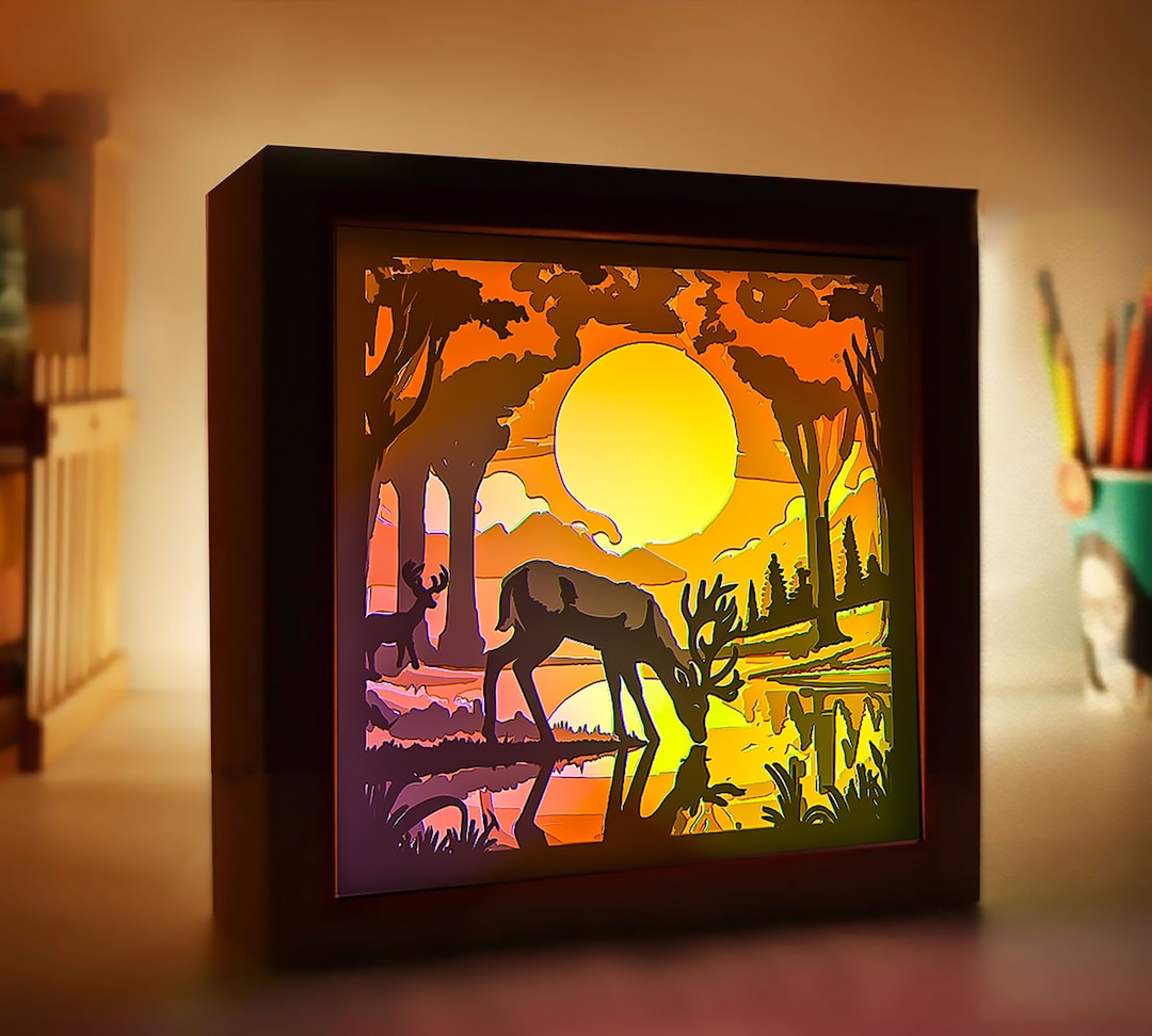Deer Forest Shadow Box: 3D Paper Cut Light Box Template (SVG Digital ...