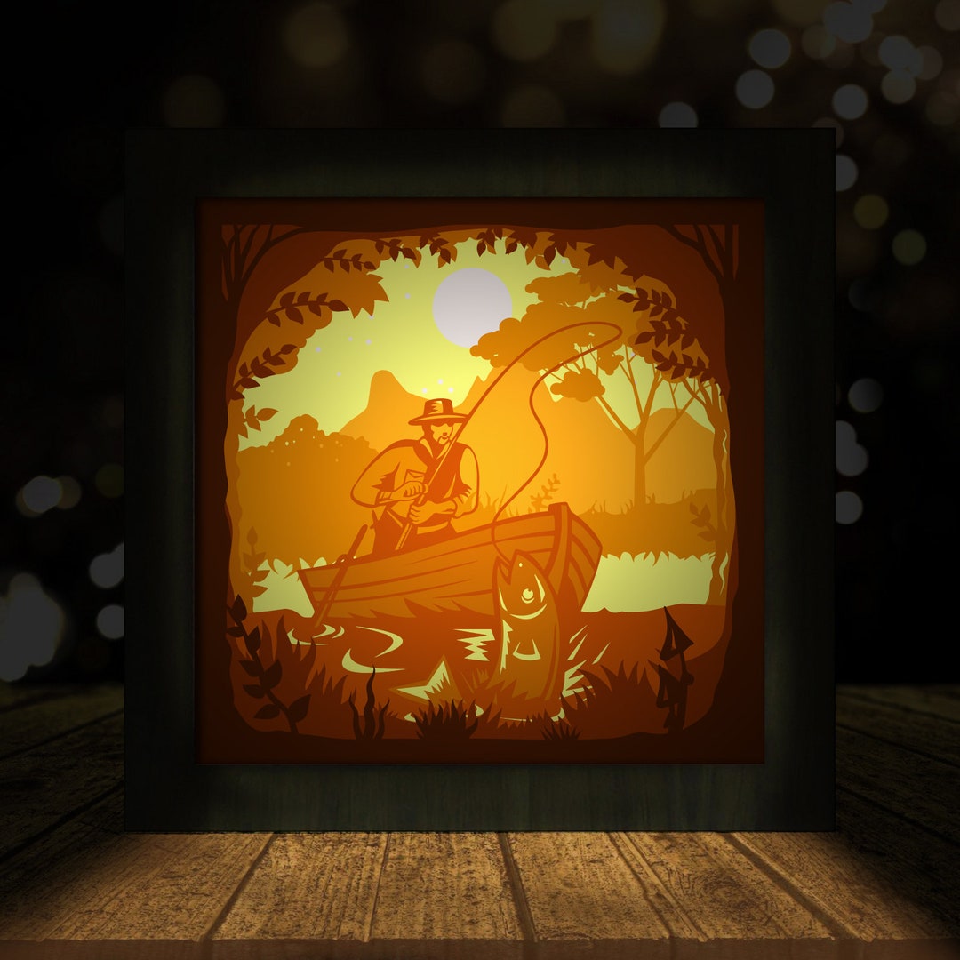 Fishing, Fisherman 3, 3D Paper Cut Light Box Template, SVG Digital ...