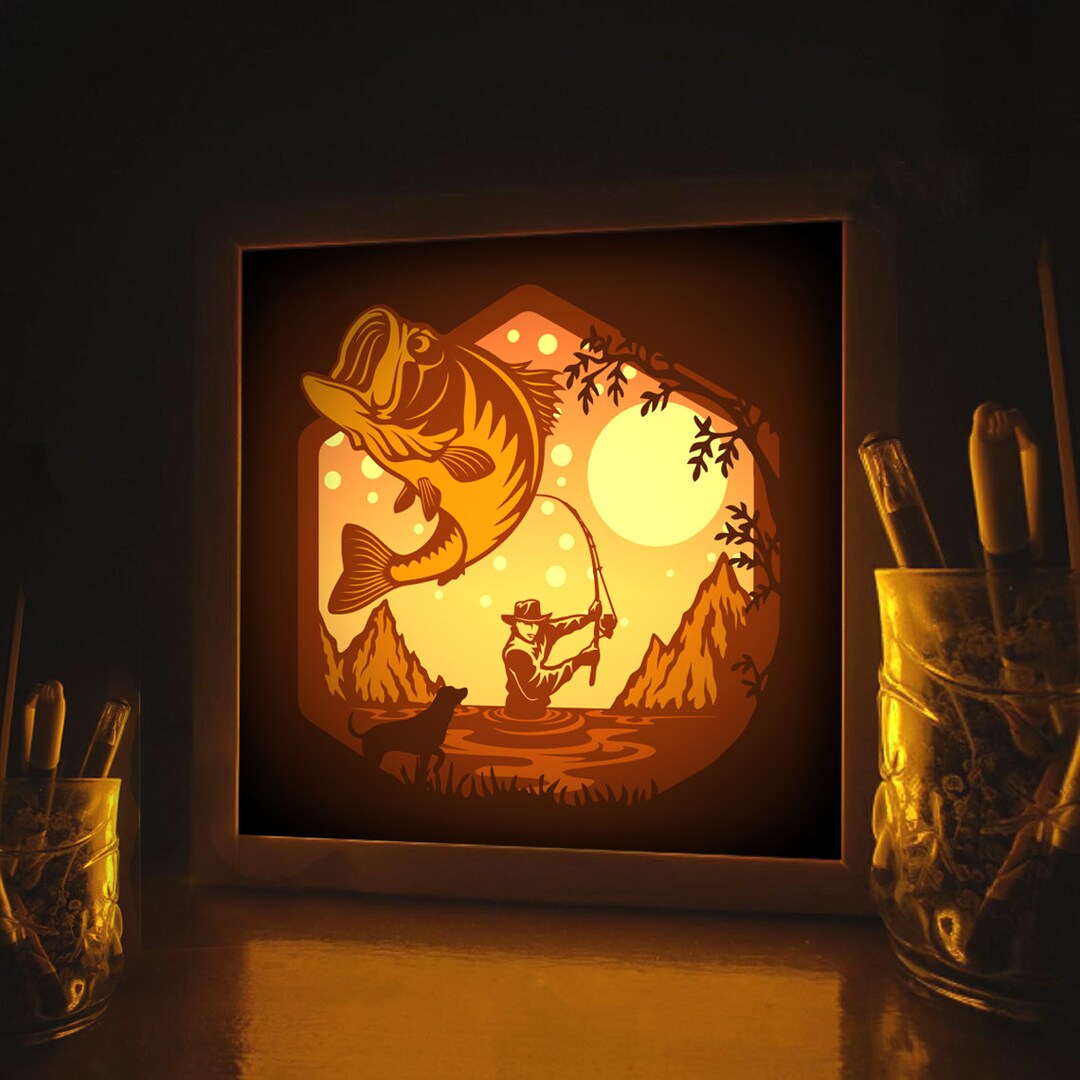 Fishing Shadow Box SVG: Fisherman 3D Paper Cut Light Box (digital ...
