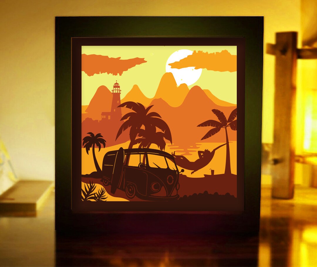 Tropical Beach Shadow Box SVG: Sea, Sun, Surfboard (digital Download ...