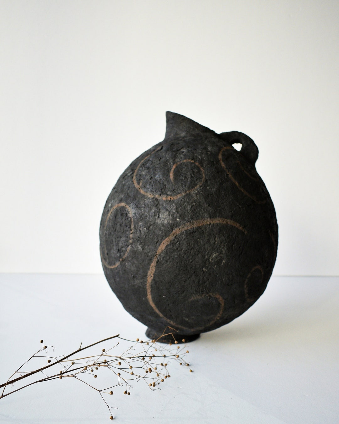 Paper Mache Clay Vessel, Rustic Dry Florals Vase, Earthenware Black Jug ...