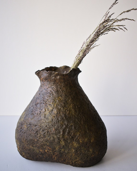 Brown Ruffled Paper Mache Vase Handmade Boho Scalloped Vase - Etsy