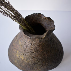 Brown Ruffled Paper Mache Vase, Handmade Boho Scalloped Vase, Wabi Sabi ...