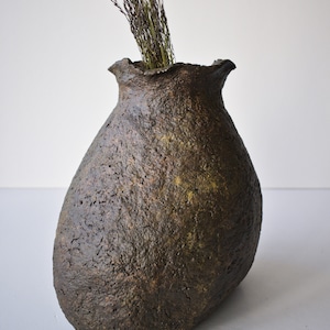 Brown Ruffled Paper Mache Vase, Handmade Boho Scalloped Vase, Wabi Sabi ...