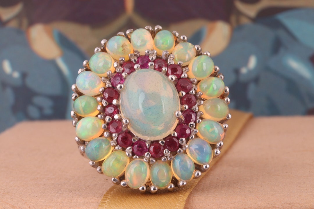 Opal and Ruby Engagement Ring Set in White Gold Plated Sterling Silver ...