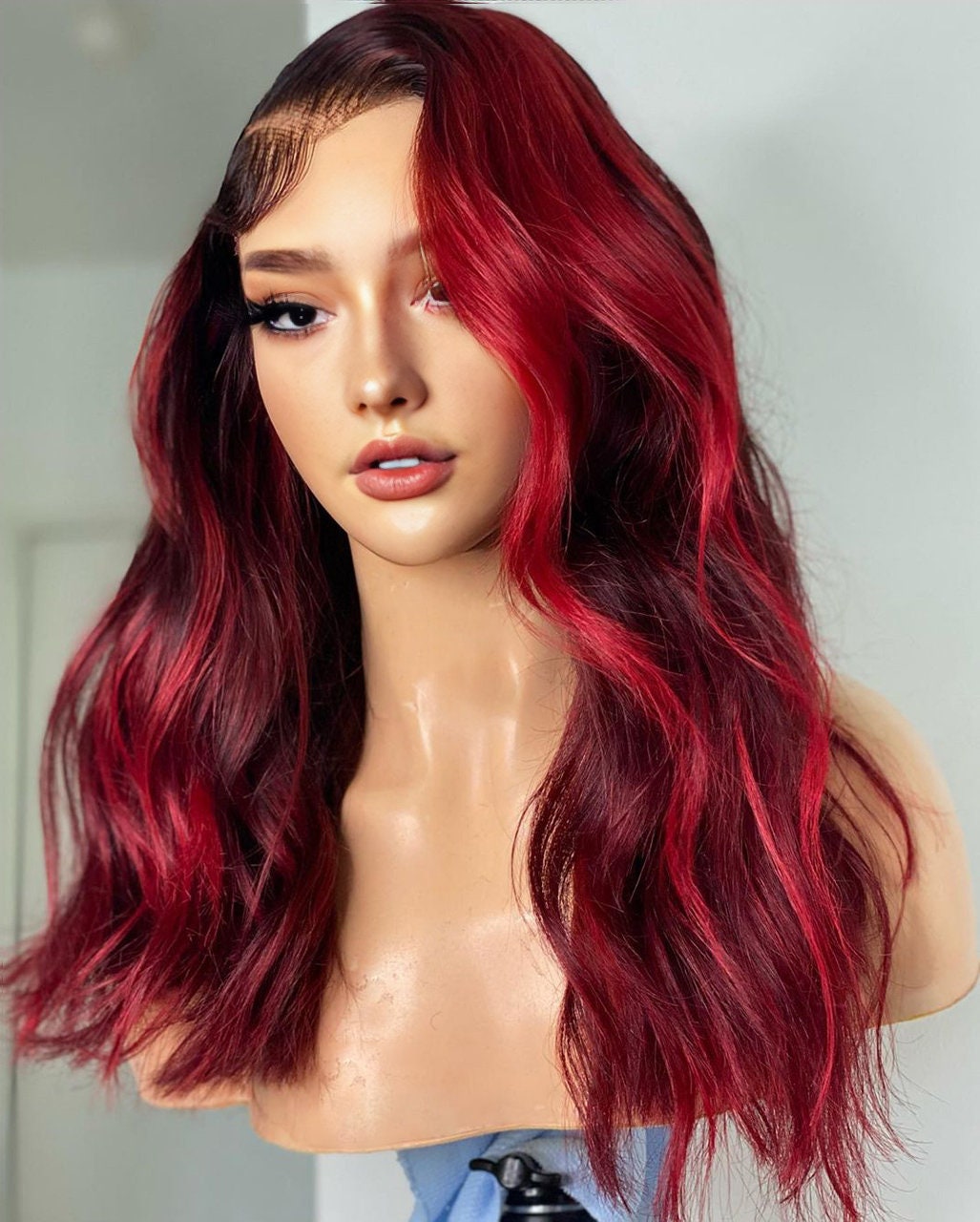 Ombre 99J Burgundy Long Wave Lace Front Human Hair Wigs - Etsy