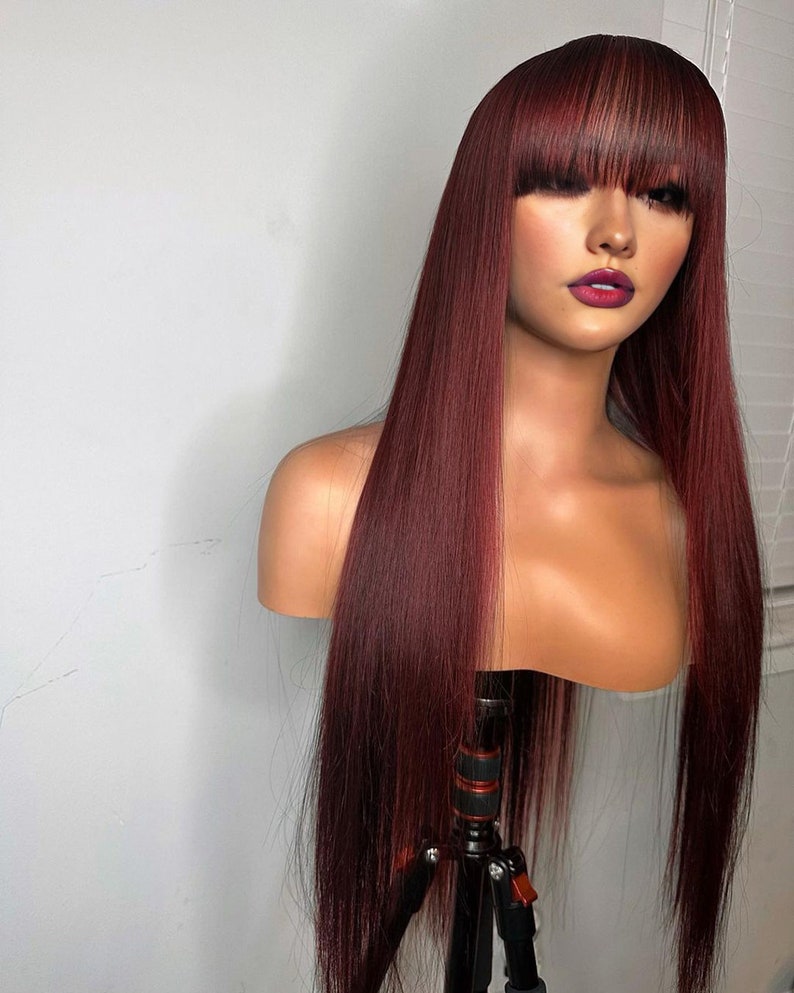 99J Burgundy Silk Straight Lace Front Human Hair Wigs Brazilian Remy ...