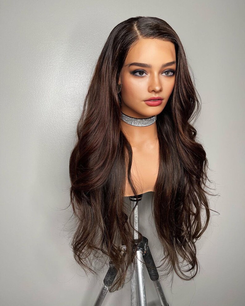 Long Chocolate Brown Human Hair Lace Front Wig, Natural Wavy 100% Real ...