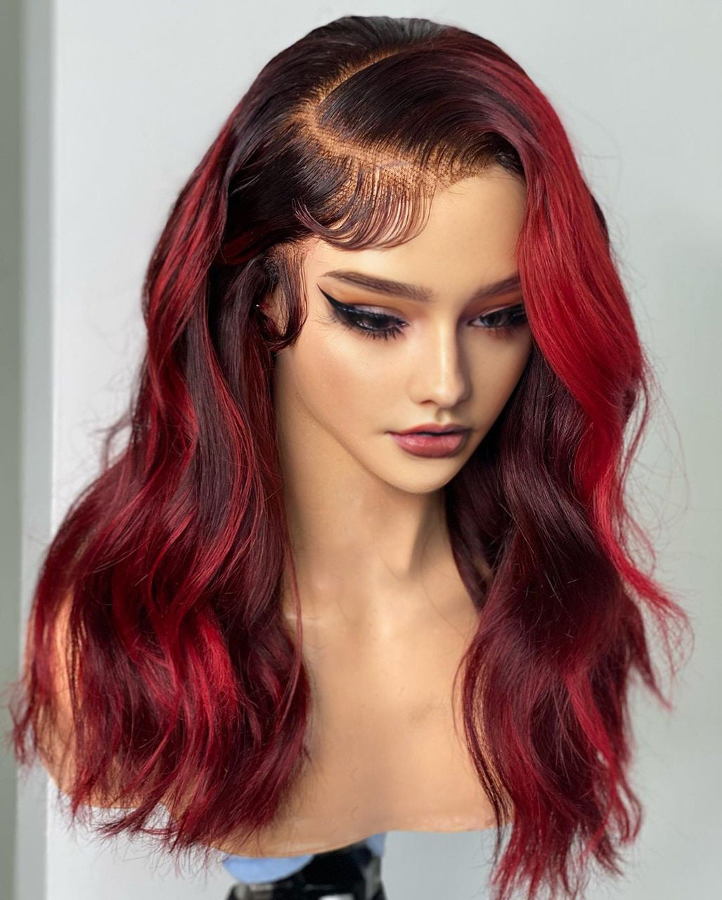 Ombre 99J Burgundy Long Wave Lace Front Human Hair Wigs - Etsy
