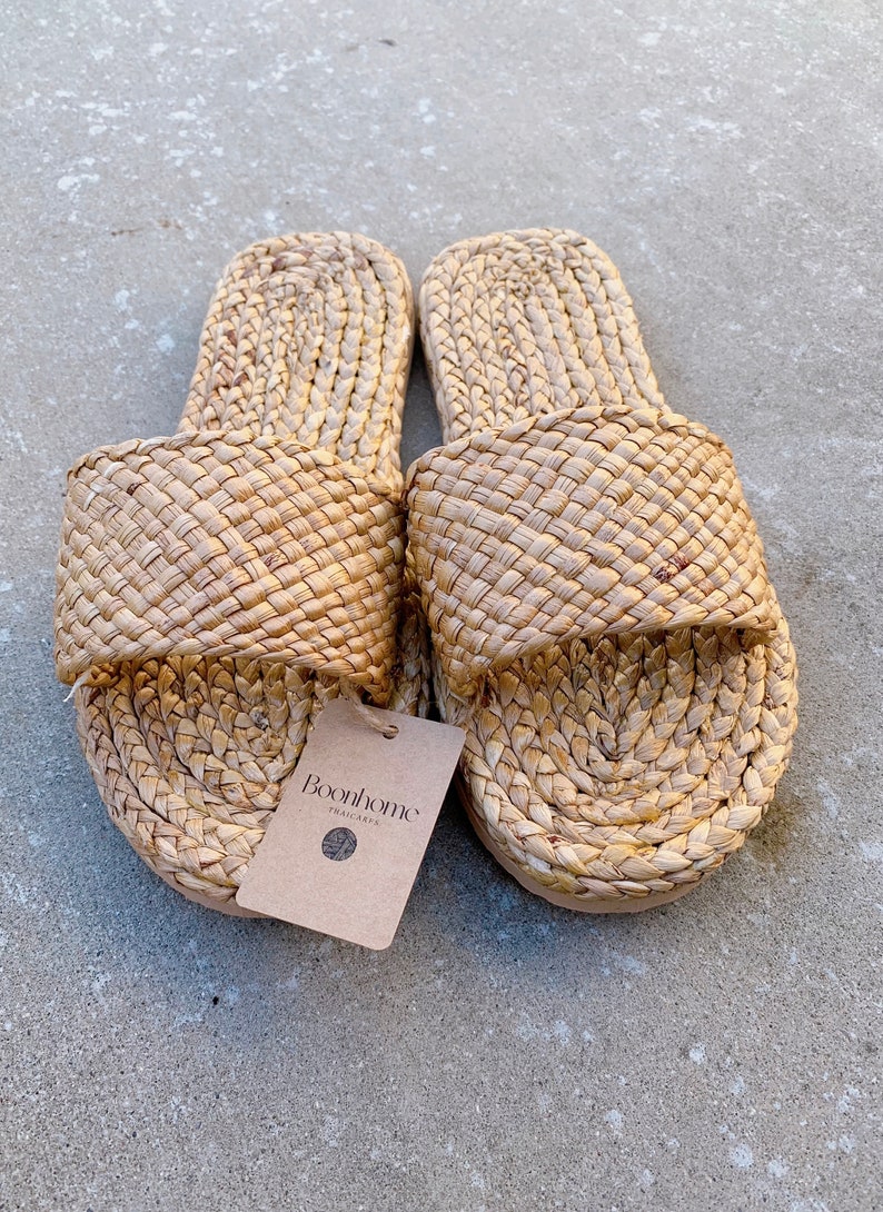 Handmade Woven Hyacinth Sandals for Women, Boho Beach Slides, Natural ...