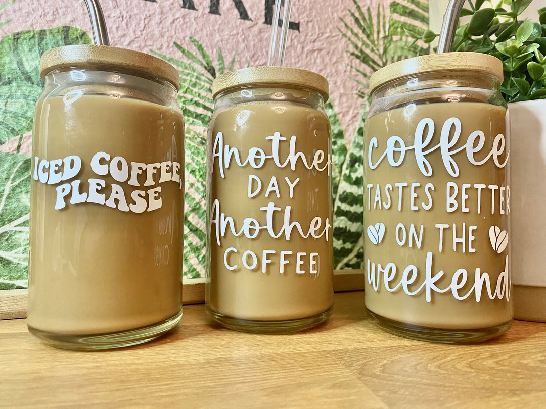 Cute COFFEE LOVER Theme With Straw & LID Iced Coffee Glass Can | Vinyl ...