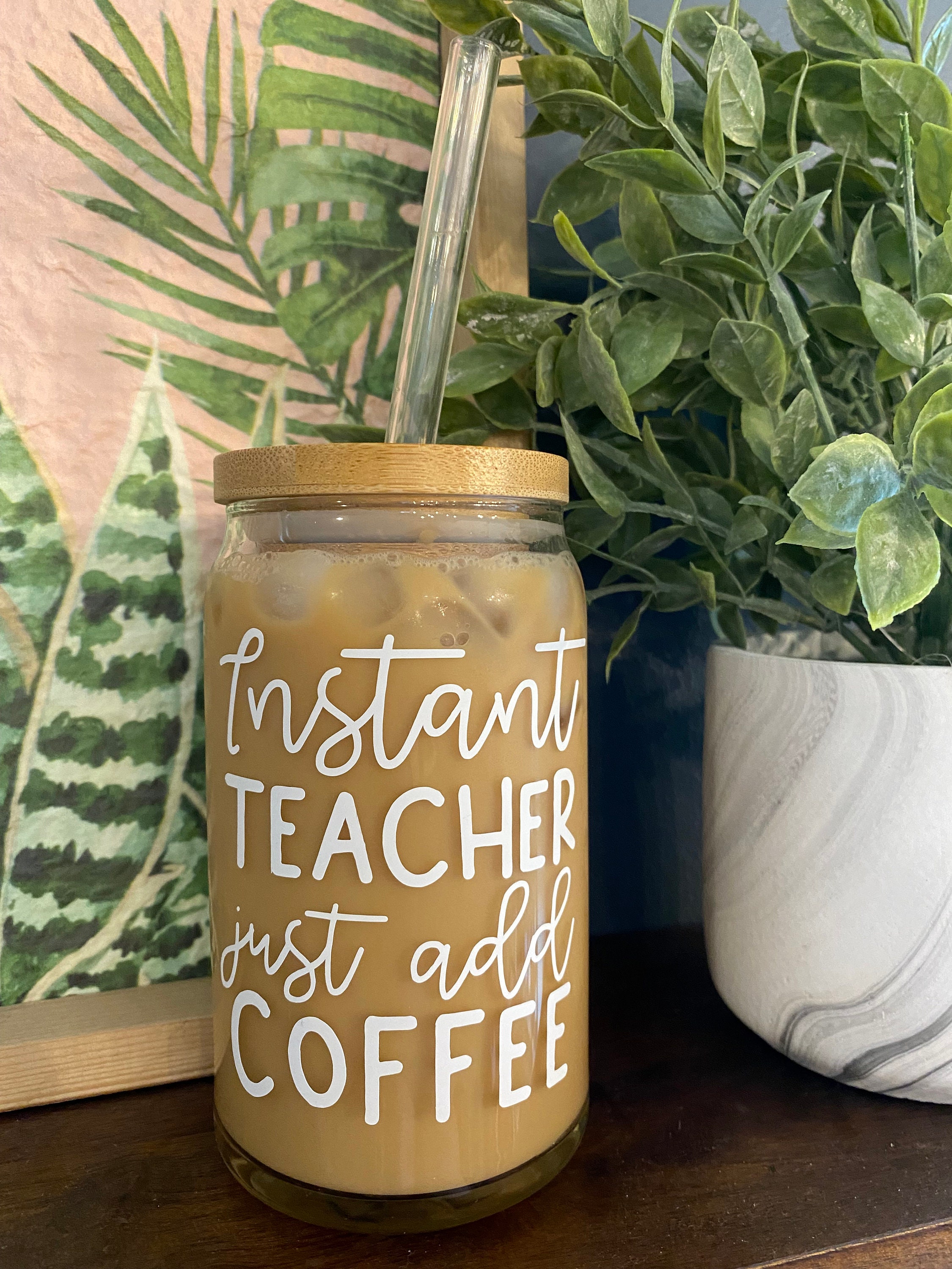 Cute TEACHER Theme With Straw & LID Iced Coffee Glass Can | Etsy