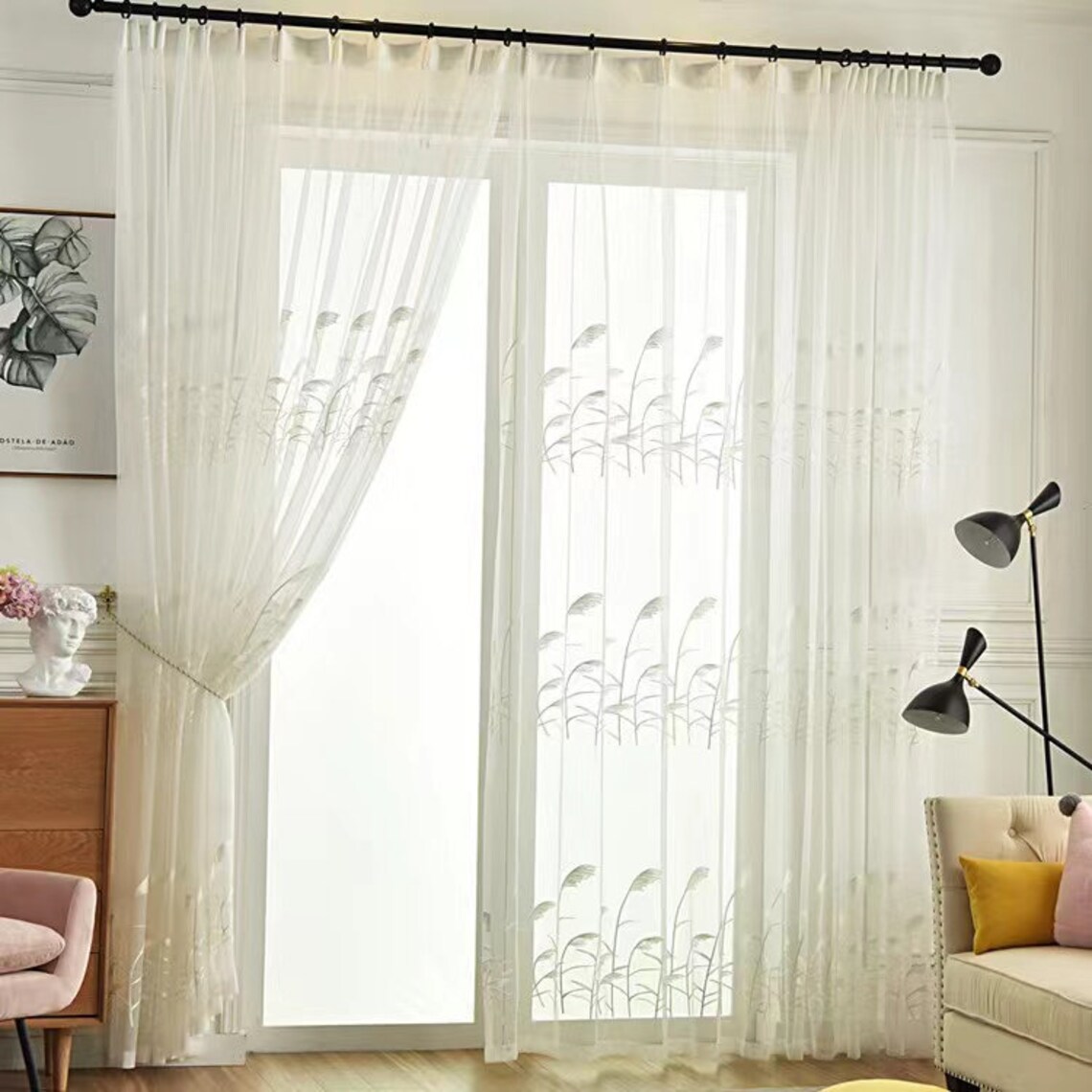 Custom Sheer Voile Tulle Curtain White Reed Pattern Embroidery - Etsy