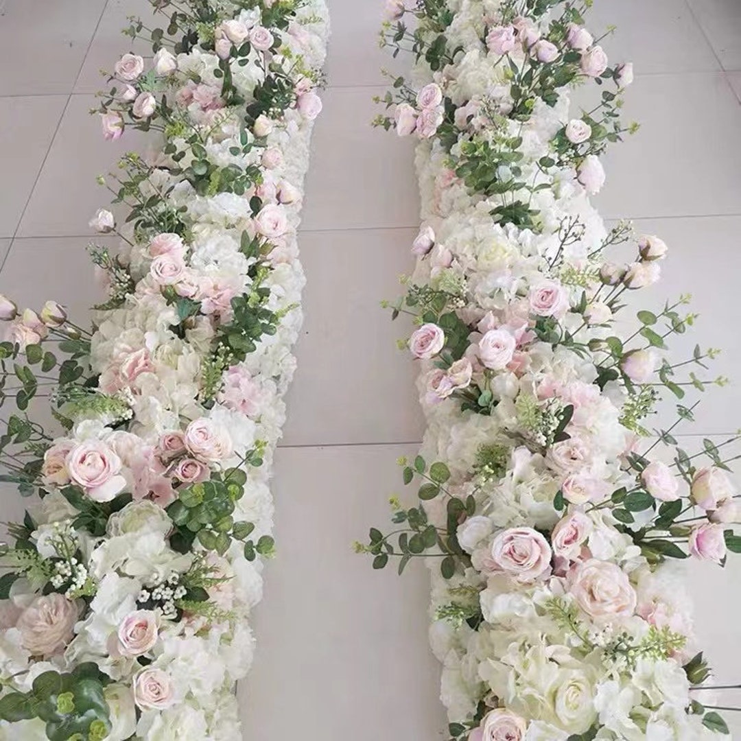 White Flower Runner With Green Leaf,table Flower Runner,wedding ...
