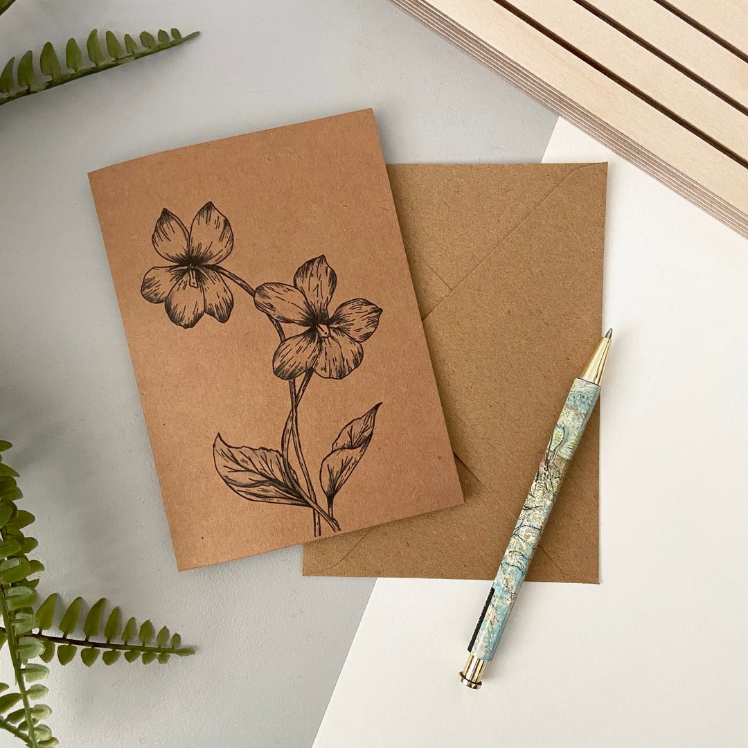 February Violet Birth Flower Card: Hand-drawn Recycled Kraft A6 ...