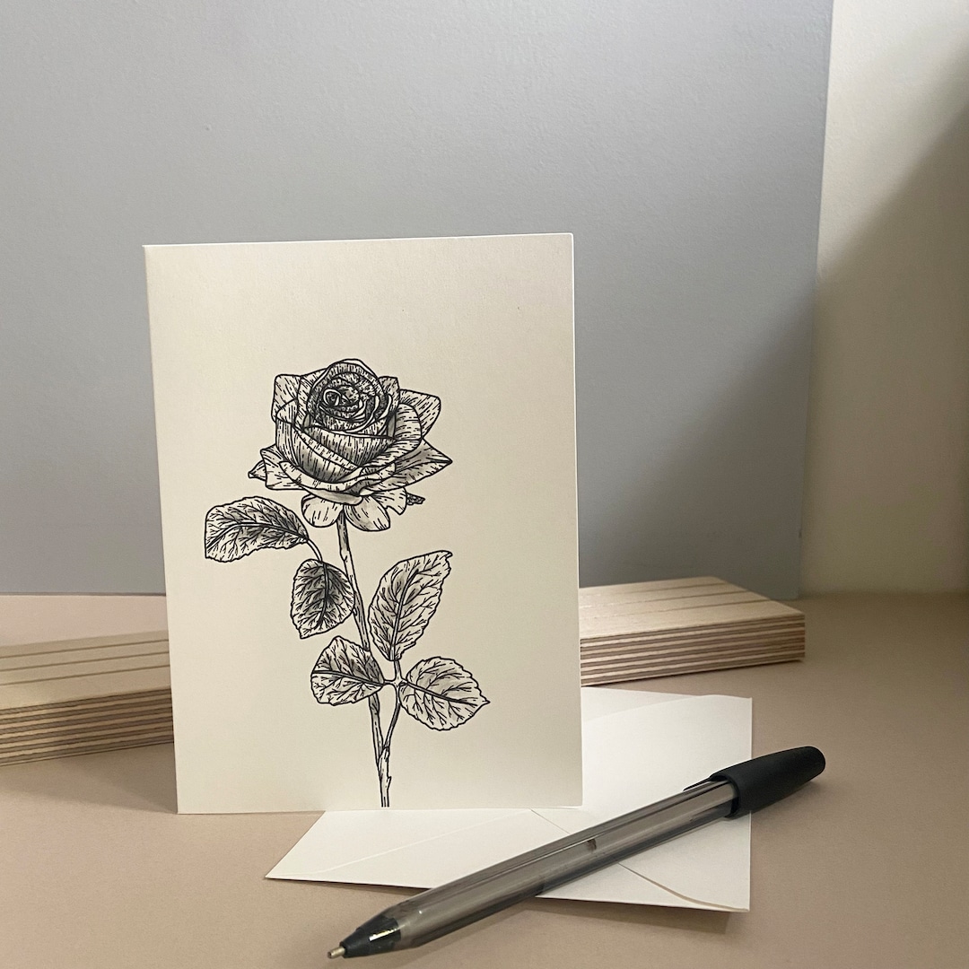 Black and White June Birthday Flower Greetings Card, Hand Drawn Rose ...