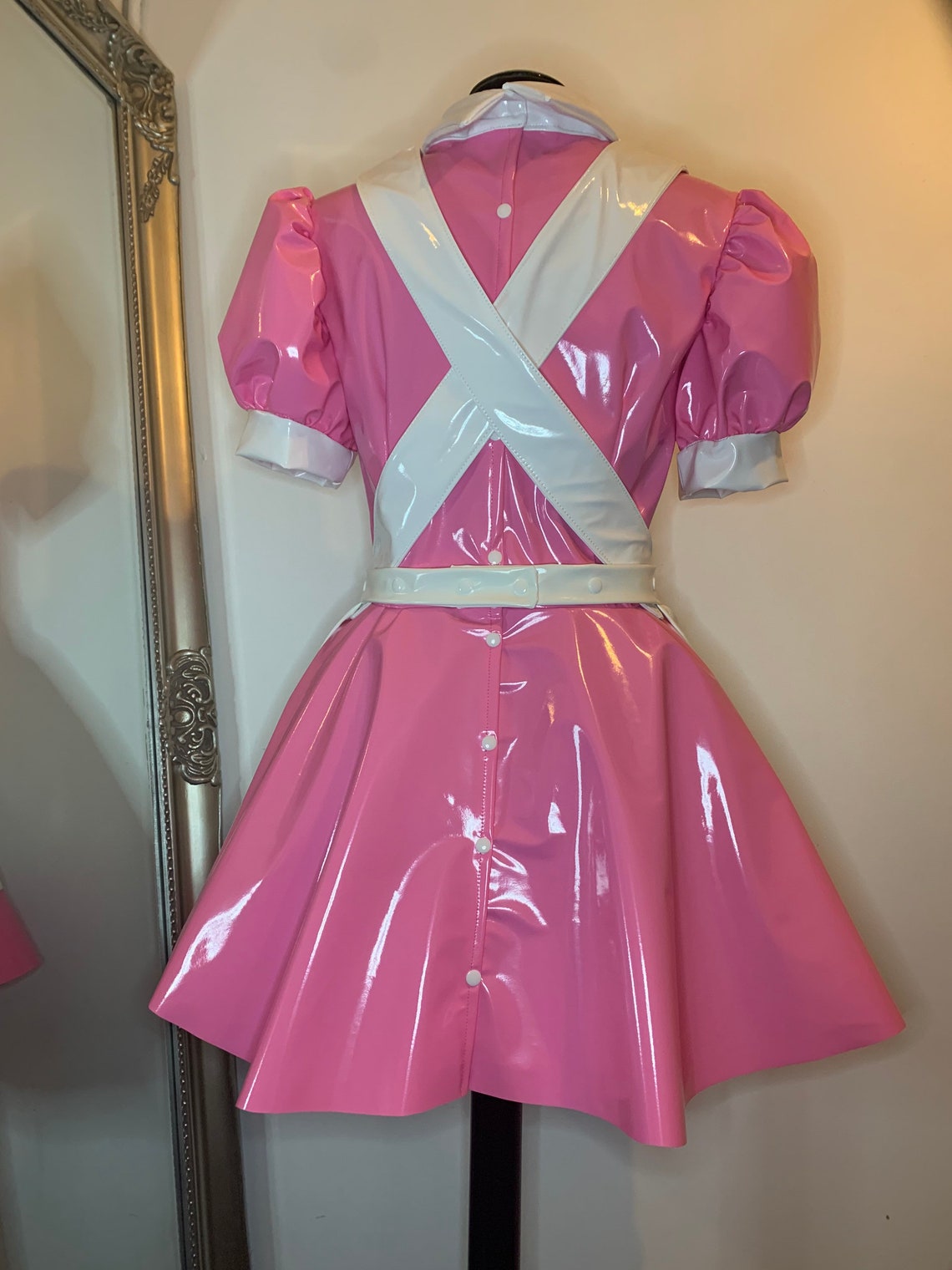 PVC Maids Uniform With Detachable Apron and Contrasting Netted ...
