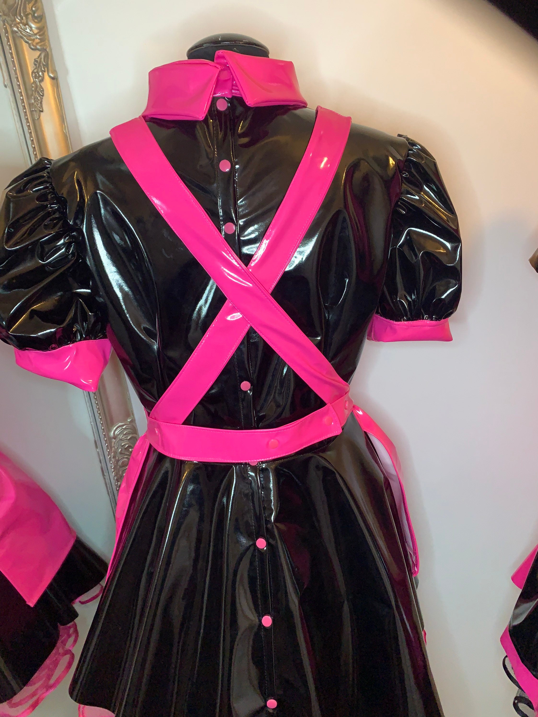 PVC Maids Uniform With Detachable Apron and Contrasting Netted ...