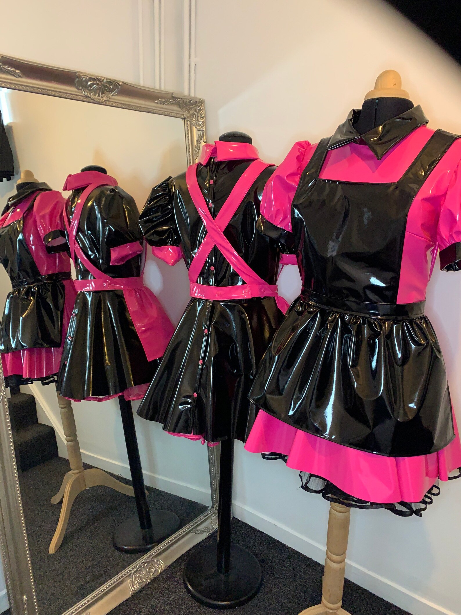 PVC Maids Uniform With Detachable Apron and Contrasting Netted ...