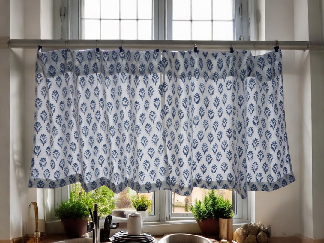 Floral Block Print Cafe Curtains: Modern Farmhouse Cotton Tier Curtains ...