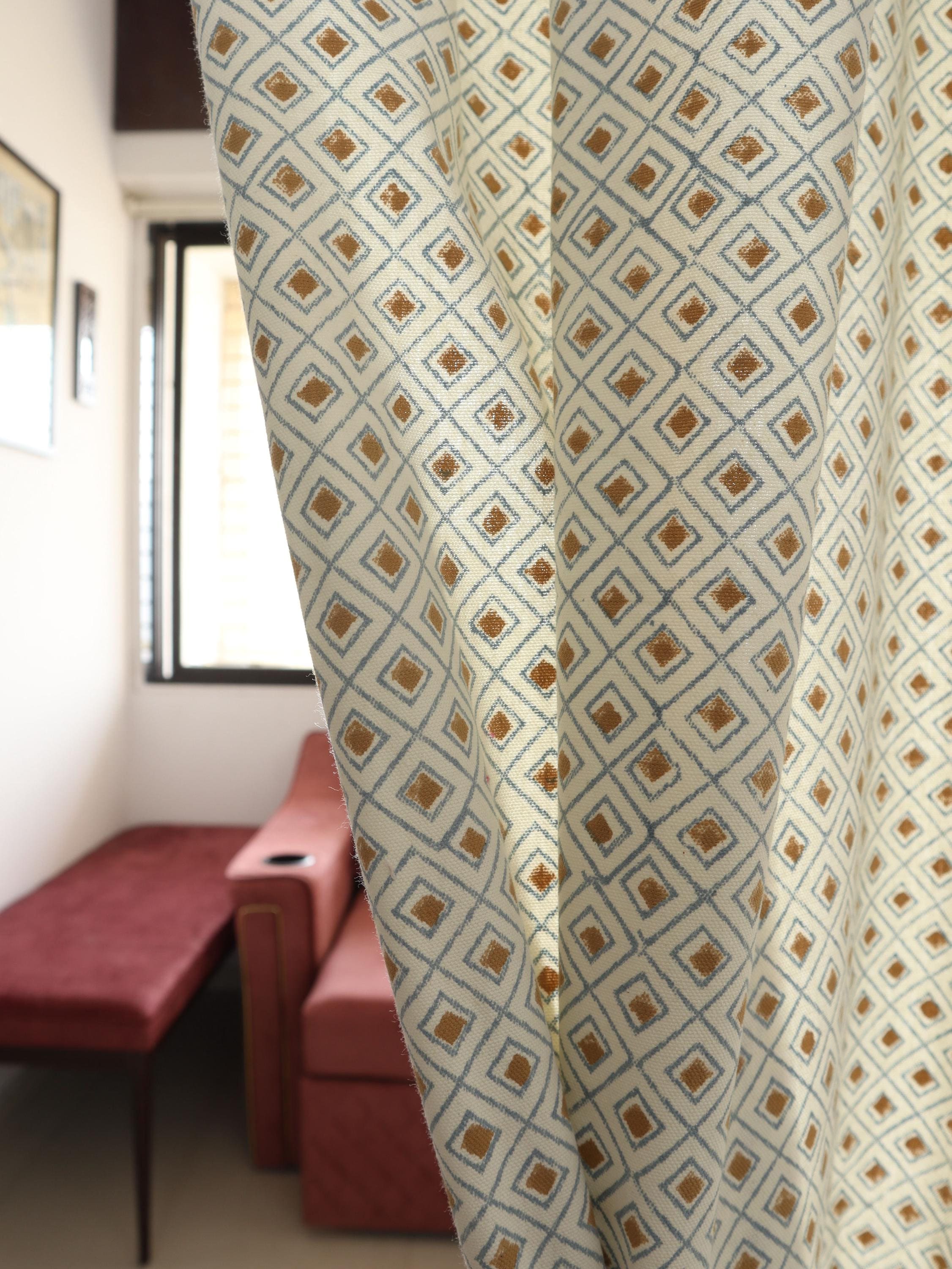 Handmade Block Print Cotton Curtains, Bohemian Style, Golden Blue ...