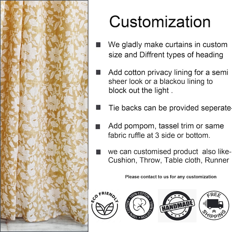 Brown Floral Block Printed Curtains - Canvas Cotton Semi Sheer Curtains ...
