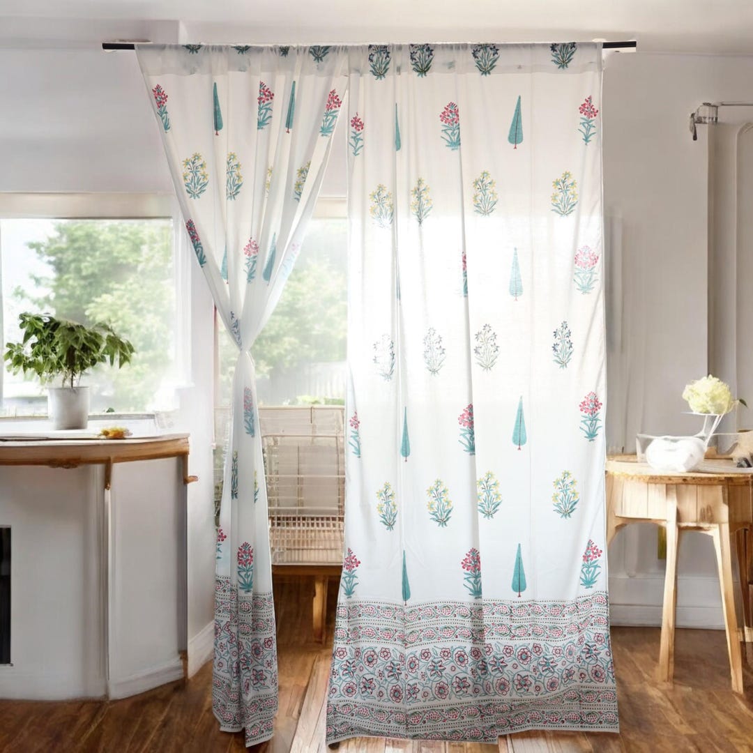Indian Hand Block Print Cotton Curtains, Bohemian Floral Light ...
